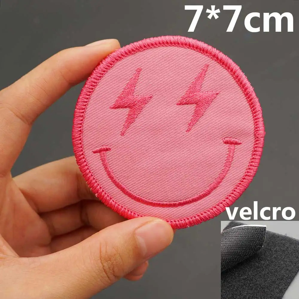 Funny Emoji 'Pink Smiley with Lightning Eyes' Embroidered Velcro Patch – Little Patch Co