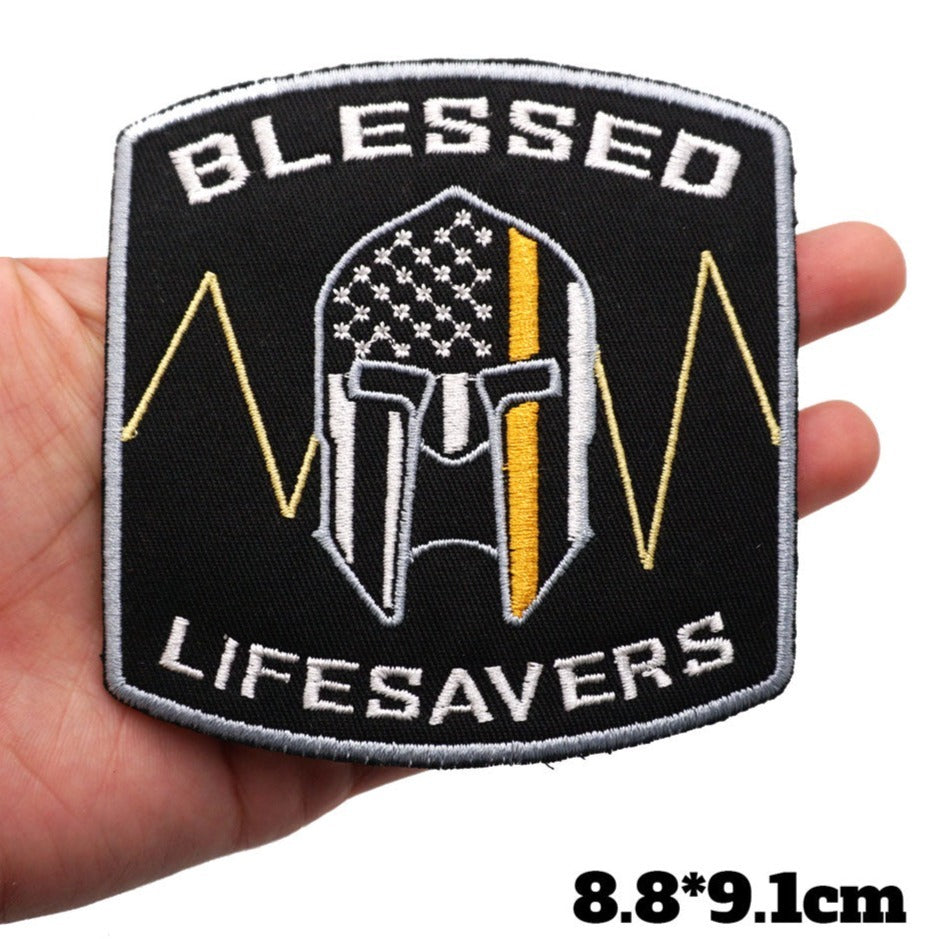 Spartan Flag Helmet 'Blessed Lifesavers' Embroidered Patch – Little ...